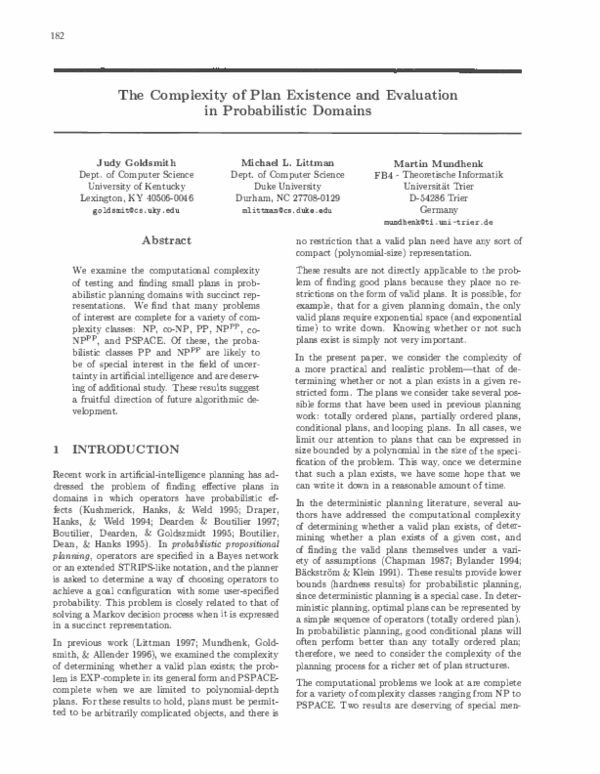 (PDF) The Complexity of Plan Existence and Evaluation in Probabilistic ...