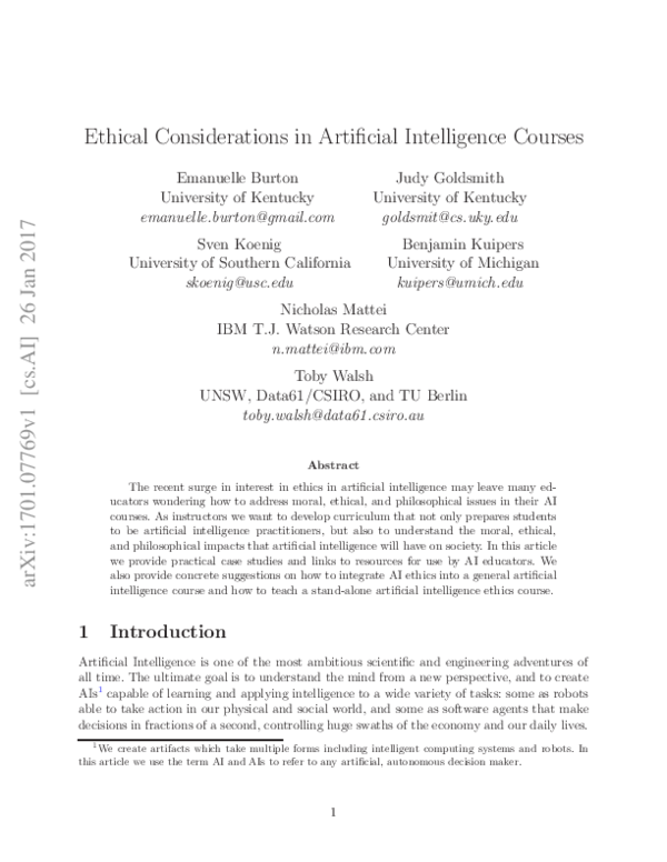 (PDF) Ethical Considerations in Artificial Intelligence Courses