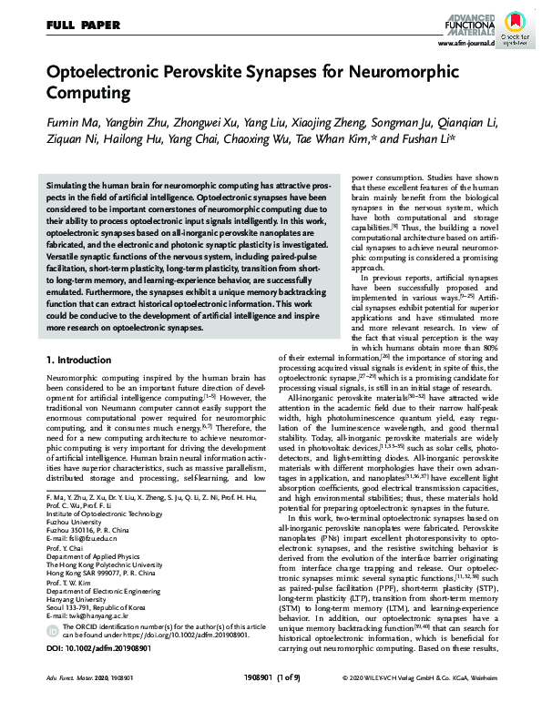 (PDF) Optoelectronic Perovskite Synapses for Neuromorphic Computing (PDF) Optoelectronic Perovskite Synapses for Neuromorphic Computing