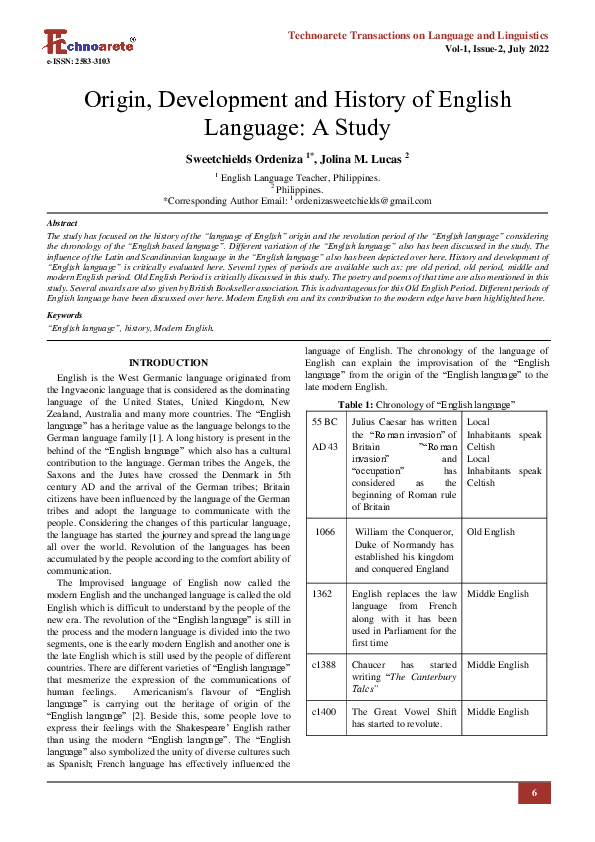 (PDF) Origin, Development and History of English Language: A Study