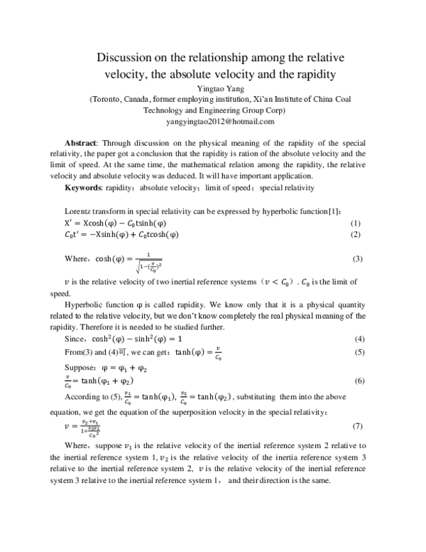 (PDF) Discussion on the Relationship Among the Relative Velocity, the ...