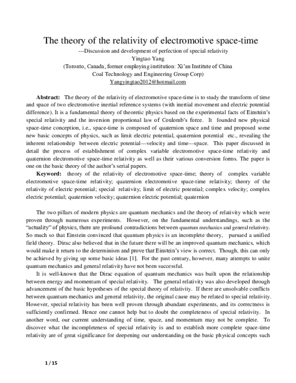 (PDF) The Theory of the Relativity of Electromotive Space-Time