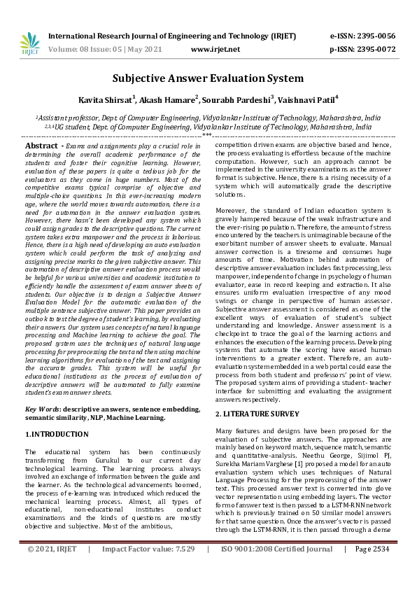 (PDF) Subjective Answer Evaluation System