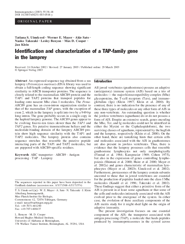 (PDF) Identification and characterization of a TAP-family gene in the ...