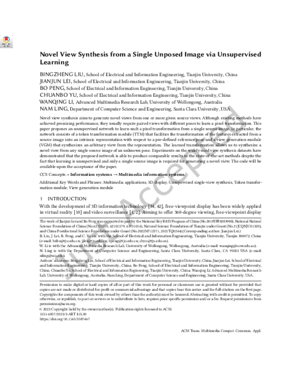 (PDF) Novel View Synthesis from a Single Unposed Image via Unsupervised Learning