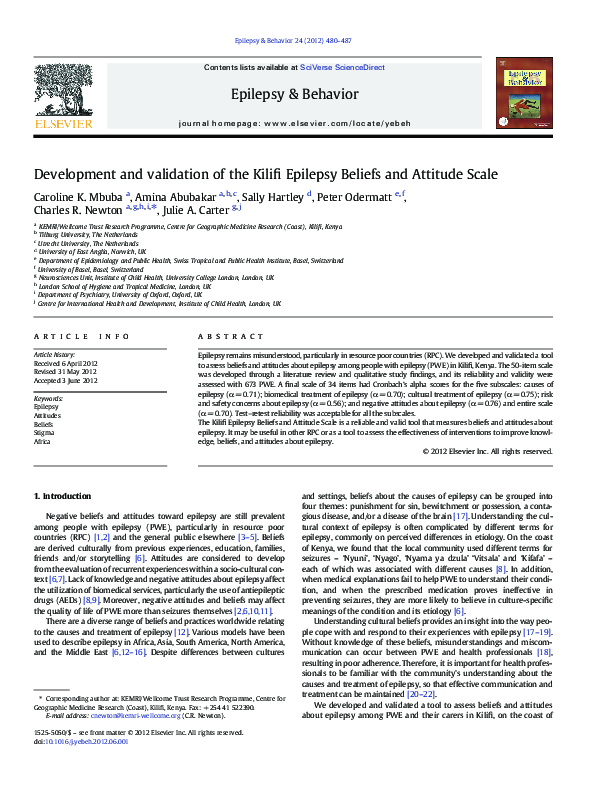 (PDF) Development and validation of the Kilifi Epilepsy Beliefs and Attitude Scale