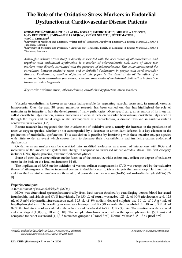 (PDF) The Role of the Oxidative Stress Markers in Endotelial Dysfunction at Cardiovascular ...