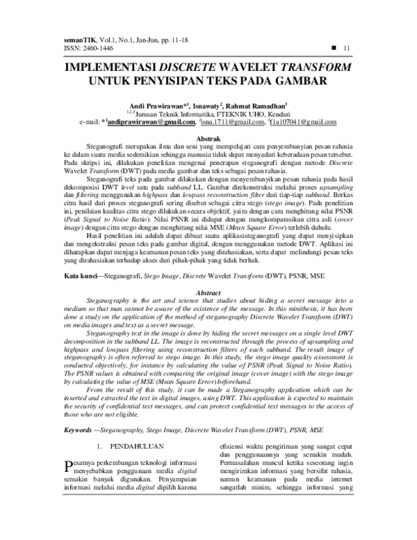 (PDF) Implementasi Discrete Wavelet Transform Untuk Penyisipan Teks Pada Gambar