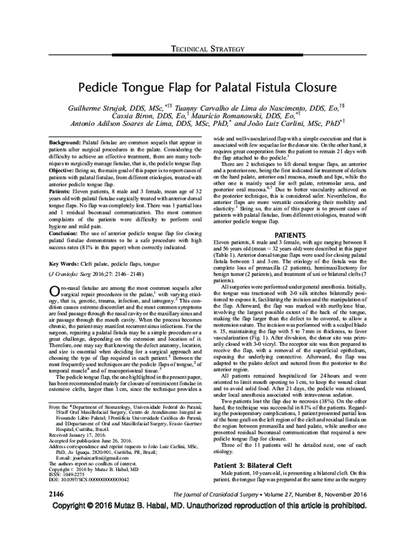 (PDF) Pedicle Tongue Flap for Palatal Fistula Closure