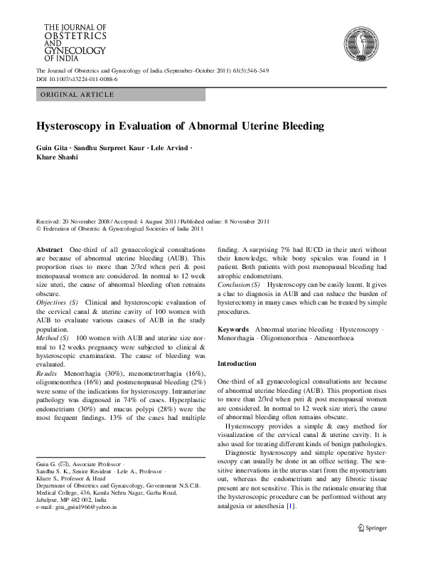 (PDF) Hysteroscopy in Evaluation of Abnormal Uterine Bleeding