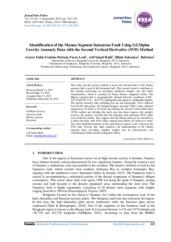 Pdf Identification Of The Manna Segment Sumatran Fault Using Ggmplus Gravity Anomaly Data With