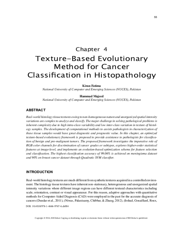 (PDF) Texture-Based Evolutionary Method for Cancer Classification in Histopathology | Kiran ...