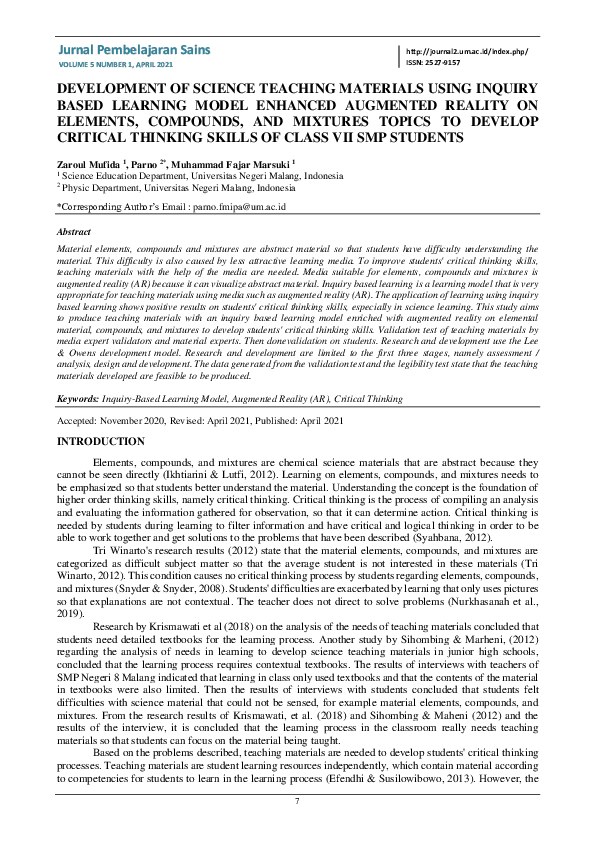 (PDF) Development of Science Teaching Materials Using Inquiry Based Learning Model Enhanced ...