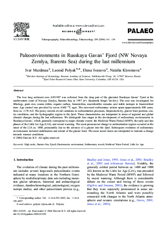 (PDF) Paleoenvironments in Russkaya Gavan' Fjord (NW Novaya Zemlya ...