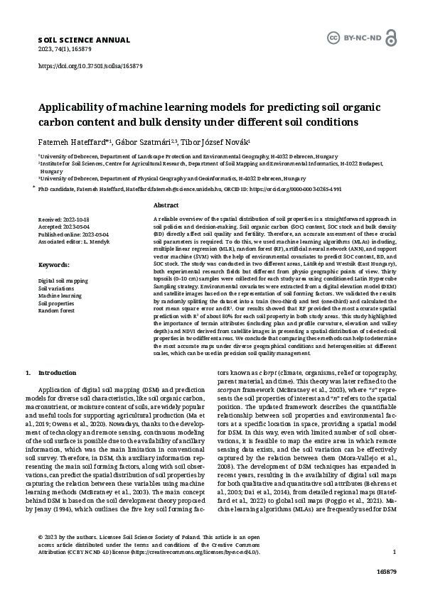 (PDF) Applicability of machine learning models for predicting soil organic carbon content and ...