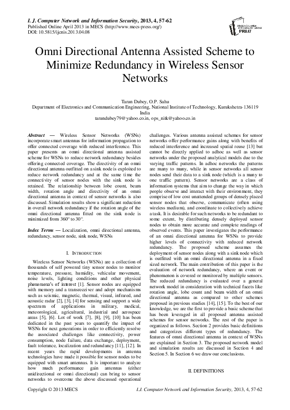 (PDF) Omni Directional Antenna Assisted Scheme to Minimize Redundancy in Wireless Sensor Networks