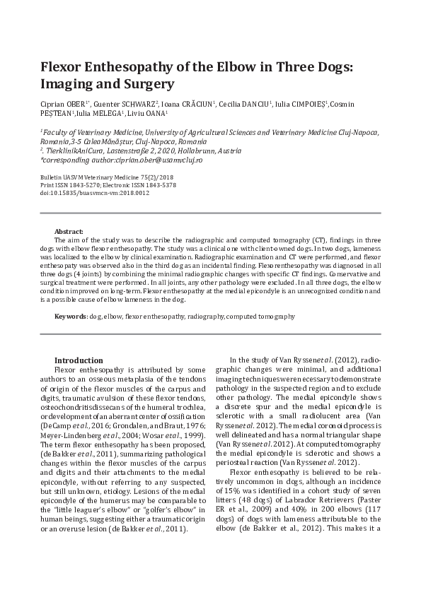 (PDF) Flexor Enthesopathy of the Elbow in Three Dogs: Imaging and Surgery
