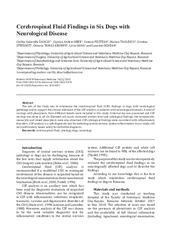 (PDF) Cerebrospinal Fluid Findings in Six Dogs with Neurological Disease