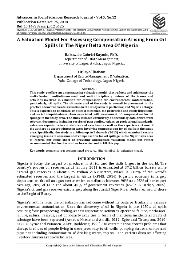 (PDF) A Valuation Model For Assessing Compensation Arising From Oil ...