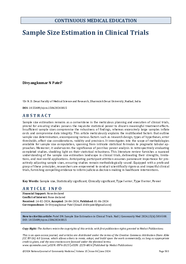(PDF) Sample Size Estimation in Clinical Trials