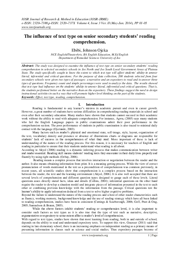 (PDF) The influence of text type on senior secondary students’ reading ...