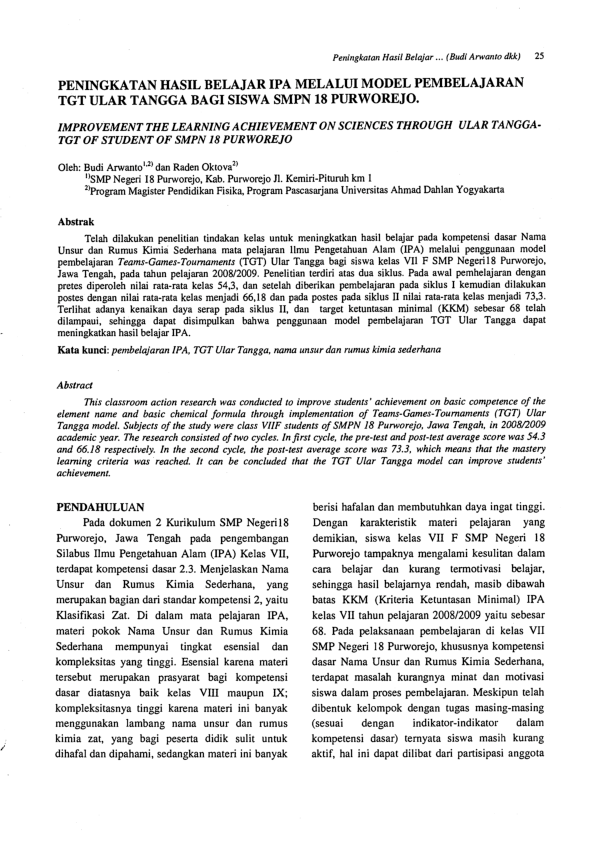 (PDF) Peningkatan Hasil Belajar IPA Melalui Model Pembelajaran TGT Ular Tangga Bagi Siswa SMPN ...