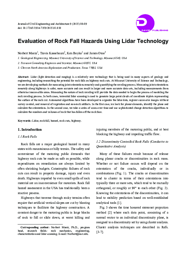 (PDF) Evaluation of Rock Fall Hazards Using Lidar Technology