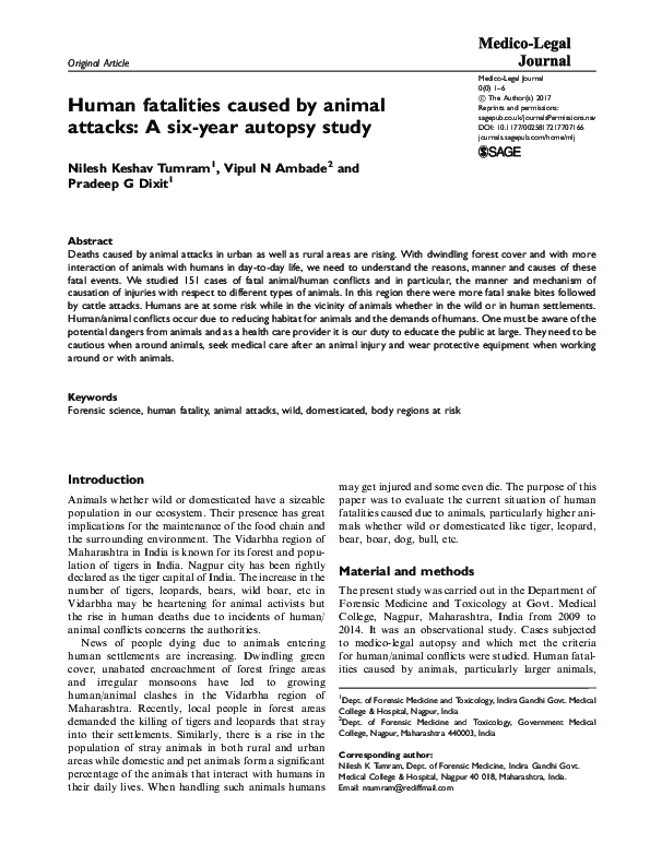 (PDF) Human fatalities caused by animal attacks: A six-year autopsy study