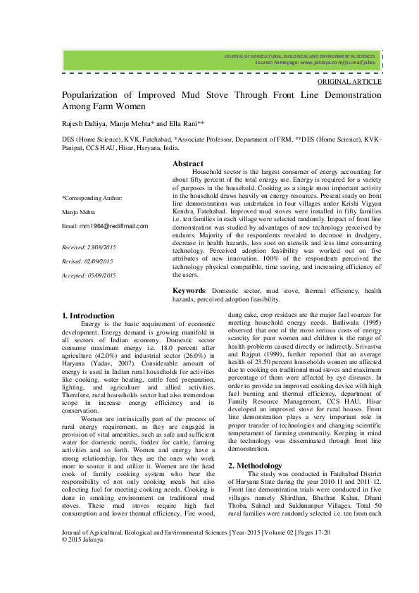 (PDF) Popularization of Improved Mud Stove Through Front Line ...
