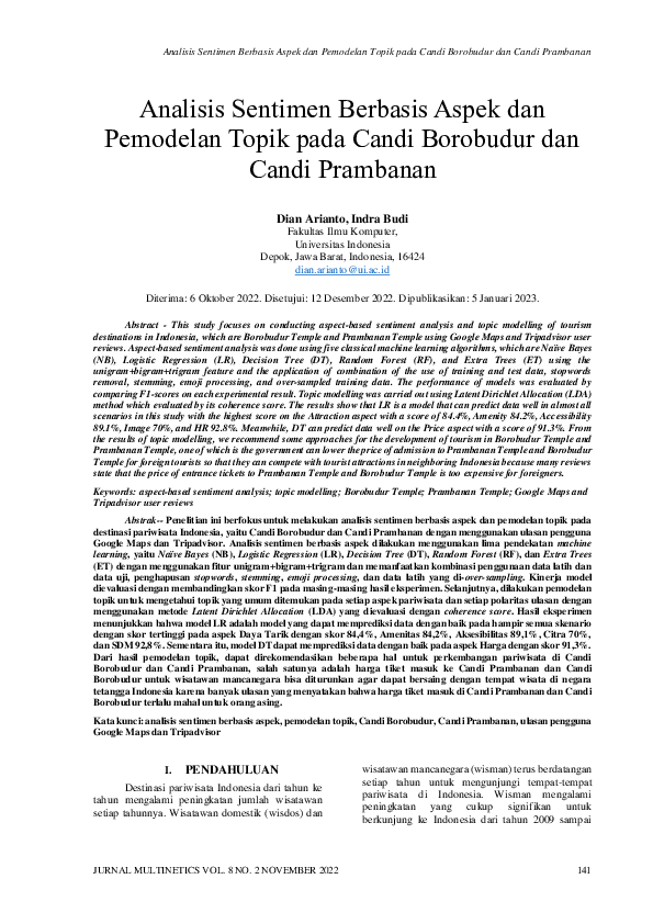 (PDF) Analisis Sentimen Berbasis Aspek dan Pemodelan Topik pada Candi Borobudur dan Candi Prambanan