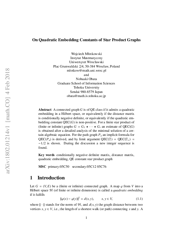 (PDF) On quadratic embedding constants of star product graphs