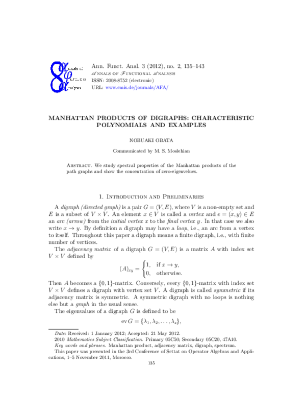 (PDF) Manhattan Products of Digraphs‎: ‎Characteristic Polynomials and Examples