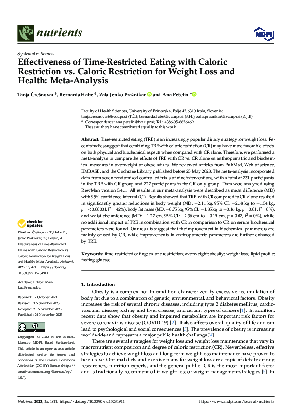 (PDF) Effectiveness of Time-Restricted Eating with Caloric Restriction ...