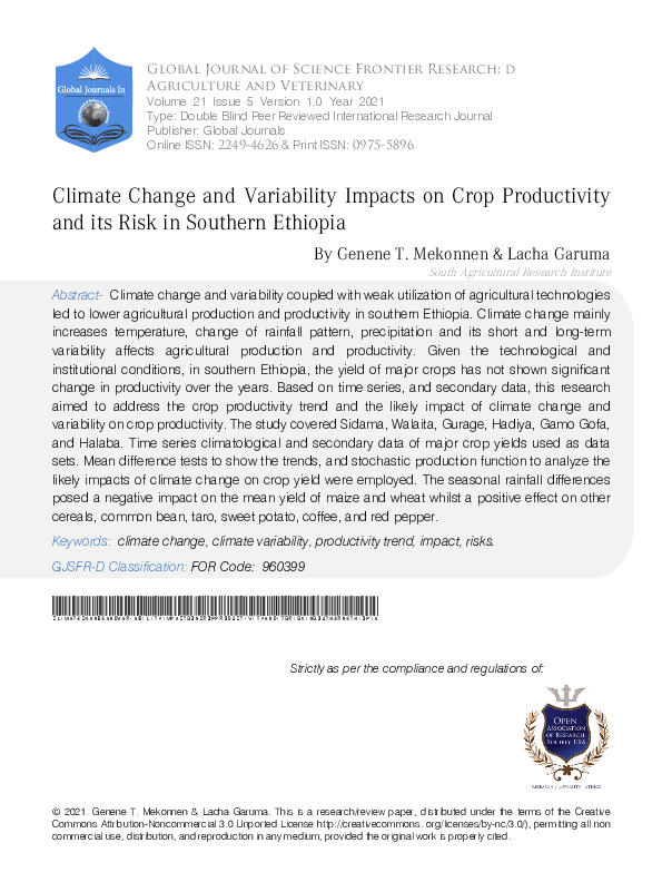 (PDF) Climate Change and Variability Impacts on Crop Productivity and its Risk in Southern Ethiopia