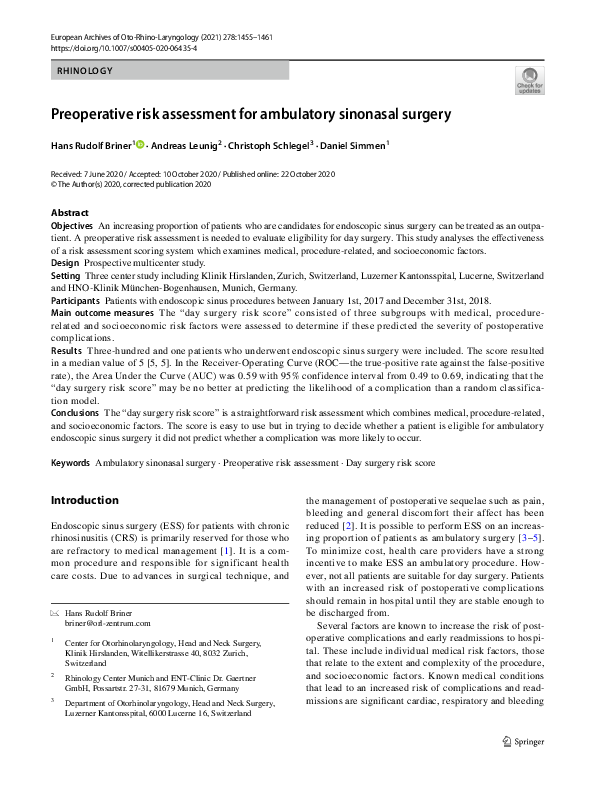 (PDF) Preoperative risk assessment for ambulatory sinonasal surgery