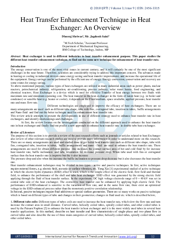 (PDF) Heat Transfer Enhancement Technique in Heat Exchanger: An Overview