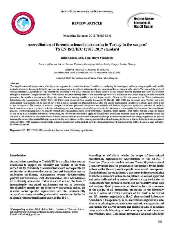 (PDF) Accreditation of forensic science laboratories in Turkey in the ...