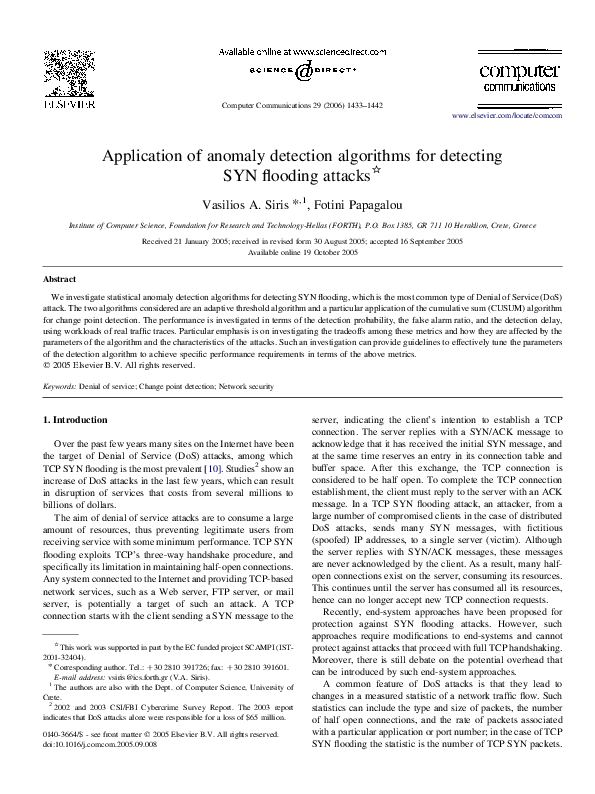 Pdf Application Of Anomaly Detection Algorithms For Detecting Syn Flooding Attacks 