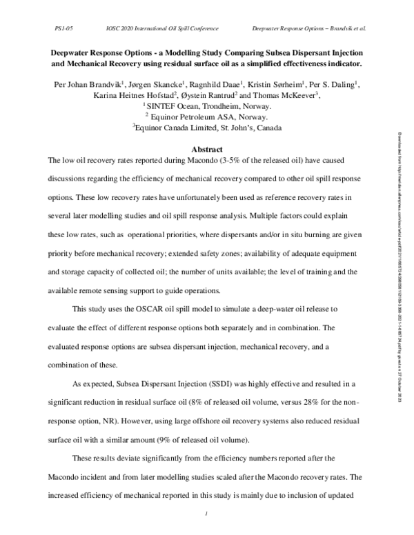 (PDF) Deepwater Response Options - a Modelling Study Comparing Subsea ...
