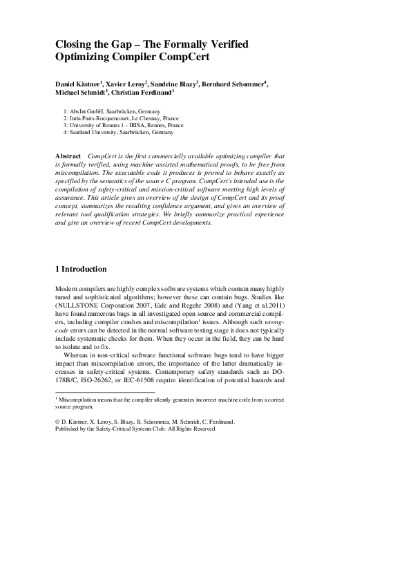 (PDF) Closing the Gap – The Formally Verified Optimizing Compiler CompCert