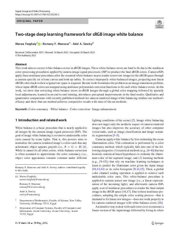 (PDF) Two-stage deep learning framework for sRGB image white balance