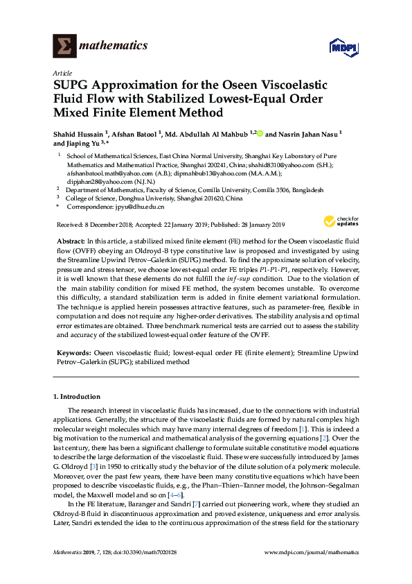 (PDF) SUPG Approximation for the Oseen Viscoelastic Fluid Flow with Stabilized Lowest-Equal ...