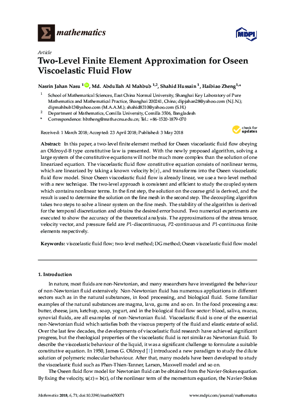 (PDF) Two-Level Finite Element Approximation for Oseen Viscoelastic Fluid Flow