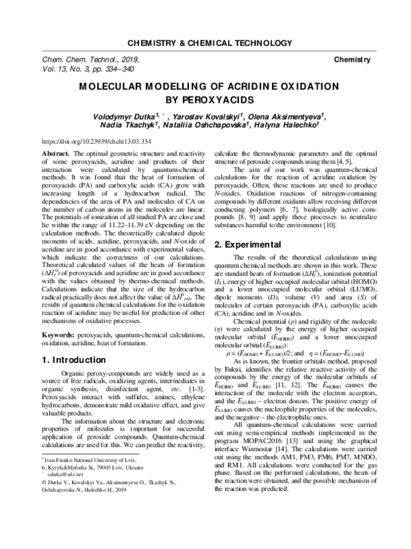 (PDF) Molecular Modelling of Acridine Oxidation by Peroxyacids