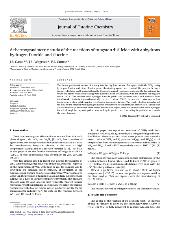 (PDF) A thermogravimetric study of the reactions of tungsten disilicide ...
