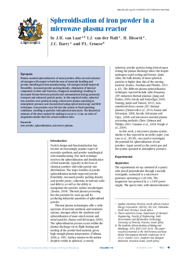(PDF) Spheroidisation of iron powder in a microwave plasma reactor