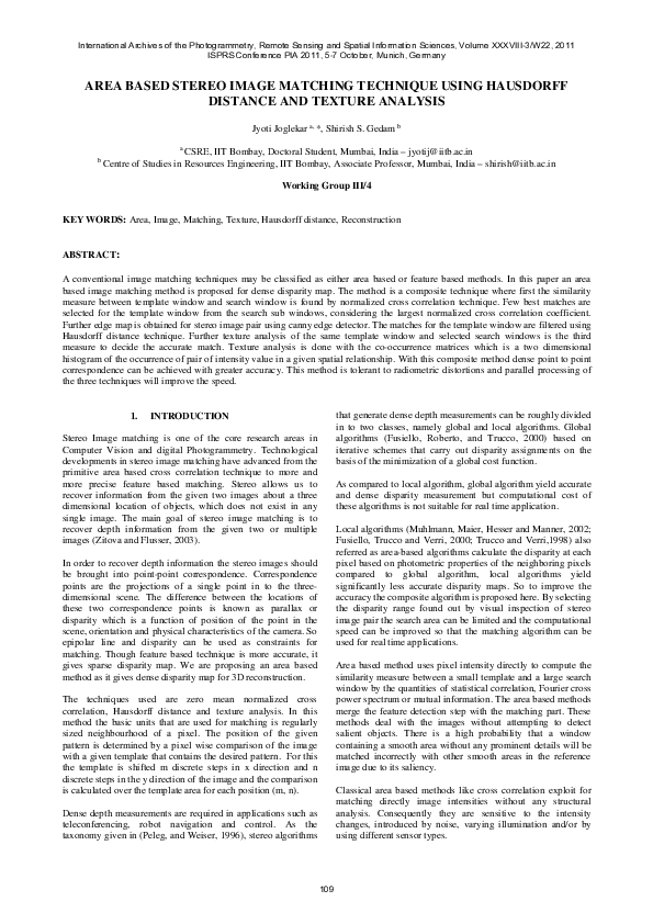 (PDF) Area Based Stereo Image Matching Technique Using Hausdorff Distance and Texture Analysis