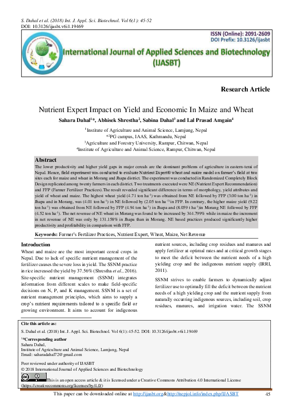 (PDF) Nutrient Expert Impact on Yield and Economic In Maize and Wheat