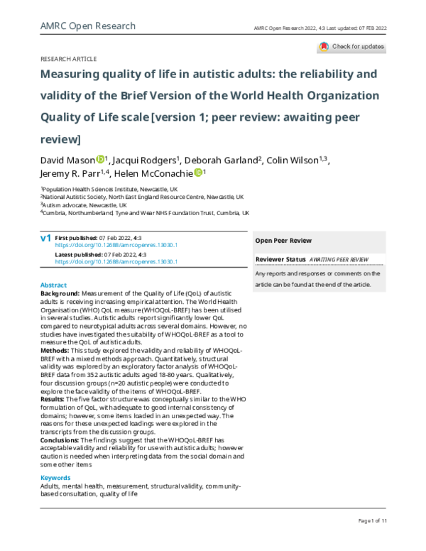 (PDF) Measuring quality of life in autistic adults: the reliability and ...