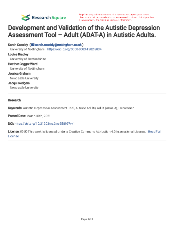 (PDF) Development and Validation of the Autistic Depression Assessment Tool – Adult (ADAT-A) in ...